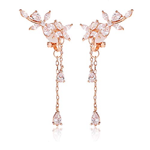 Clip on Earrings non Pierced Fringe Dangle Tassel Drop Cubic Zirconia Flower Women Rose Gold