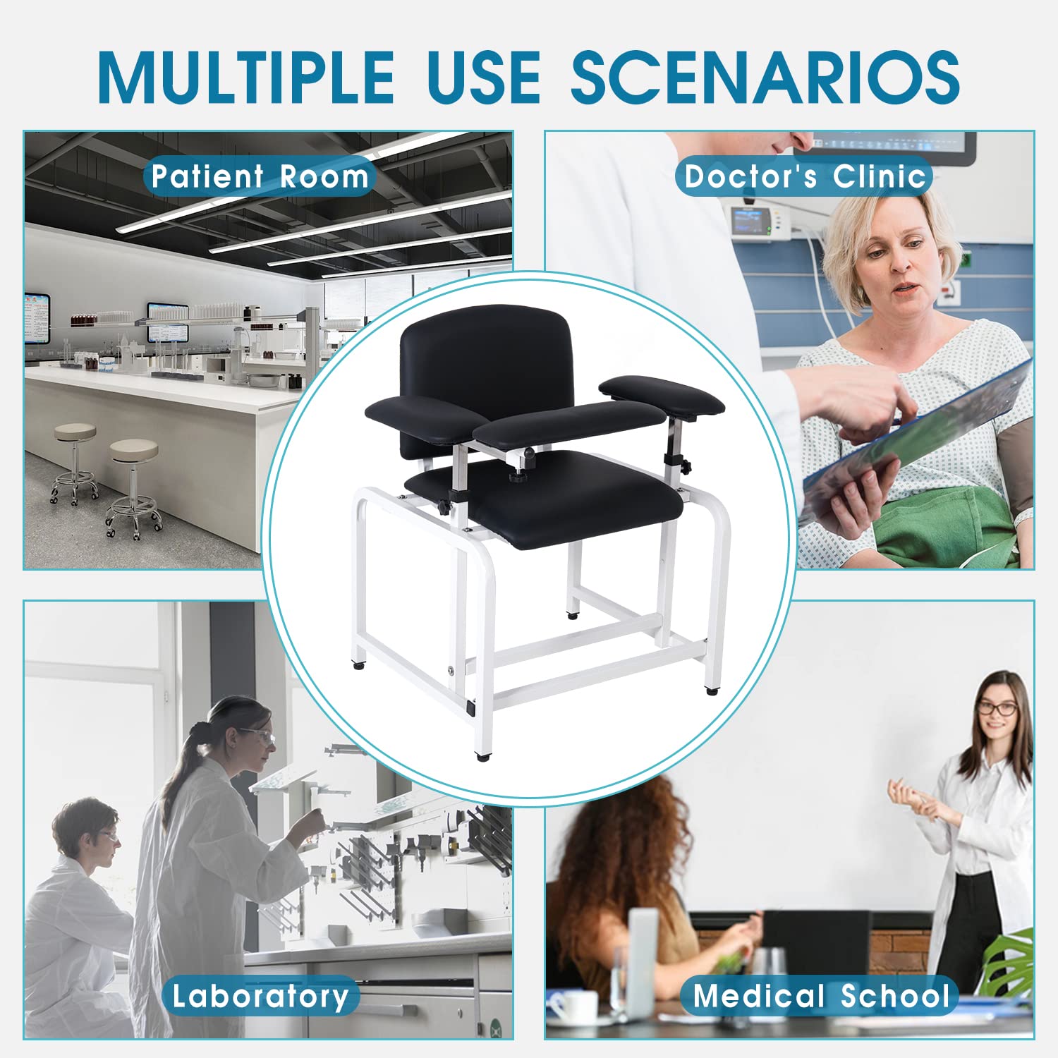 COOLWAVE Comfortable Padded Phlebotomy Chair with Arms, Blood Drawing Chair with Adjustable Armrest, Lab Chair for Drawing Blood (Black) (Left)