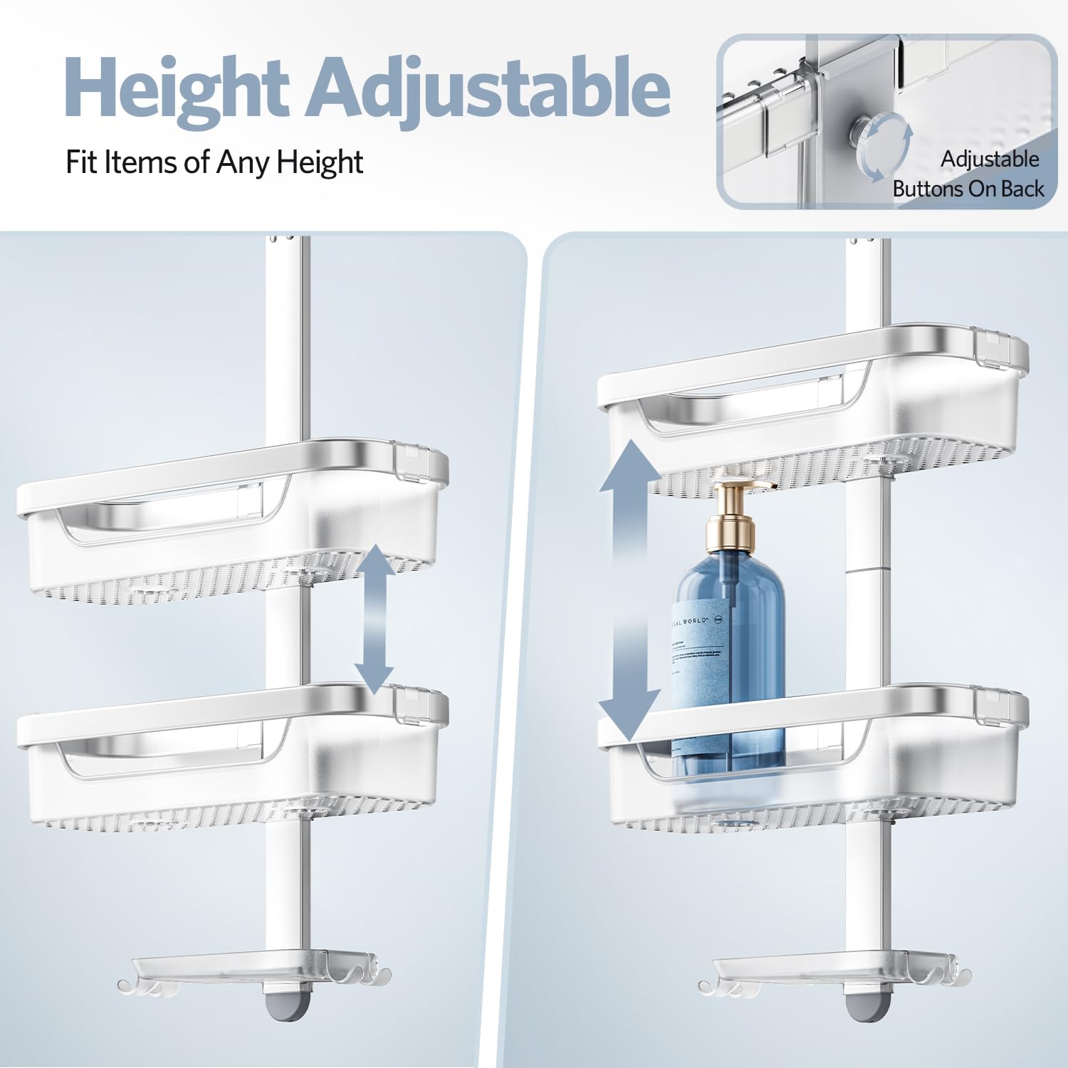 LAMU Adjustable-Shower-Caddy-Hanging, Rust Proof Shower Hanging Organizer, 3-Tier Aluminum Alloy + ABS, Large Capacity Shower Caddy Over-the-Showerhead with Hooks, Razor Holder, Soap Dish, Silver