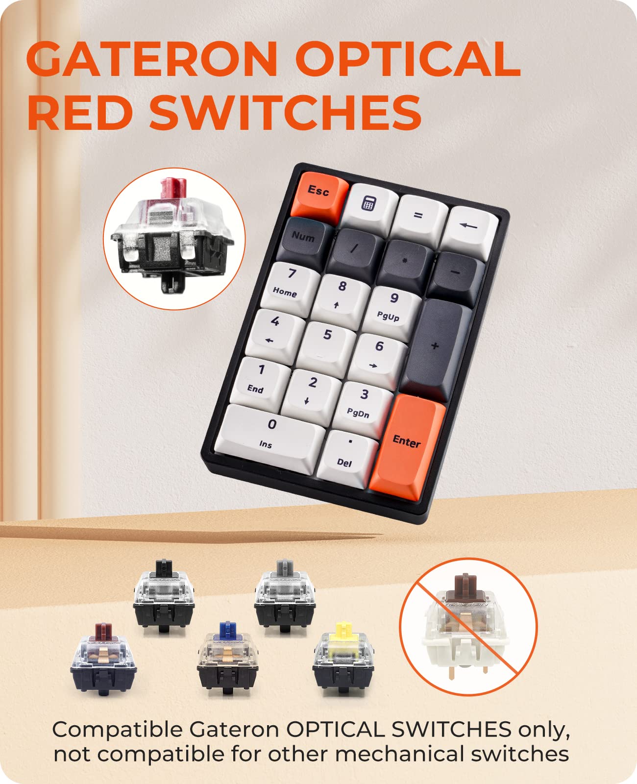 Number Pad HAVIT Mechanical Numeric Keypad with GATERON Optical Red Switches Hot Swappable Keypad Type-C USB-A Wired PBT Keycaps 21 Keys Numpad for Laptop Computer