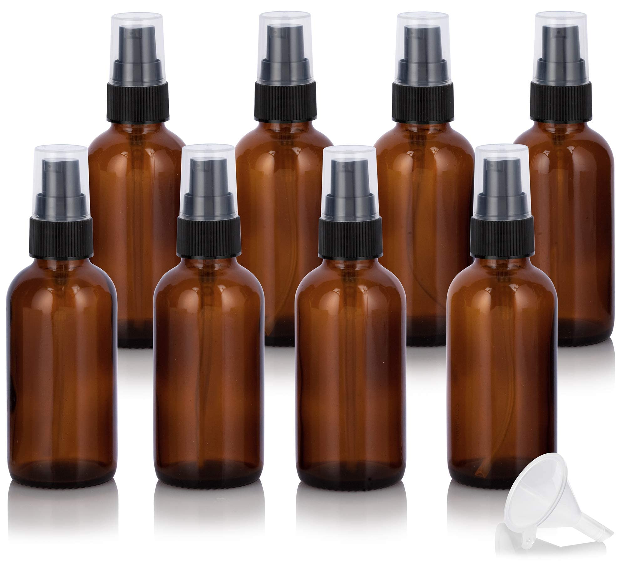 JUVITUS 2 oz Amber Glass Boston Round Black Treatment Pump Bottle (8 pack) + Funnel