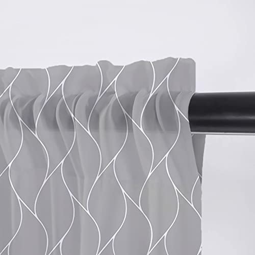Semi-Sheer Valance Curtains, Grey Gold Wave Abstract Art Foil Print Pattern Small Window Treatment Panel - 54 x 18 Inch, White Thin Line Rod Pocket Tier Curtain Valances for Kitchen Sink Living Room