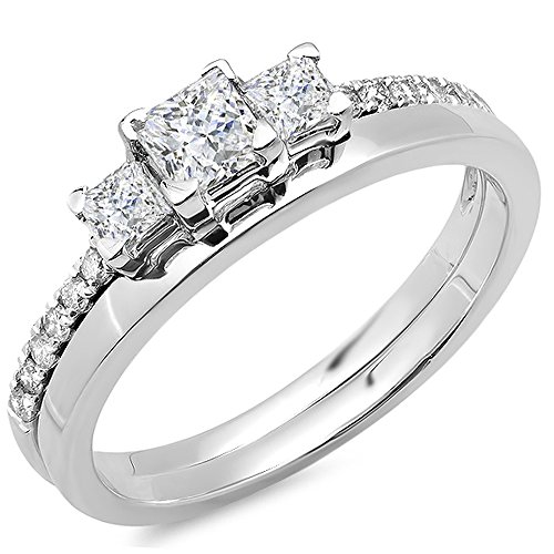 Dazzlingrock Collection 0.85 Carat (Cttw) 14K Princess & Round Diamond Women 3 Stone Engagement Ring Set, White Gold, Size 7