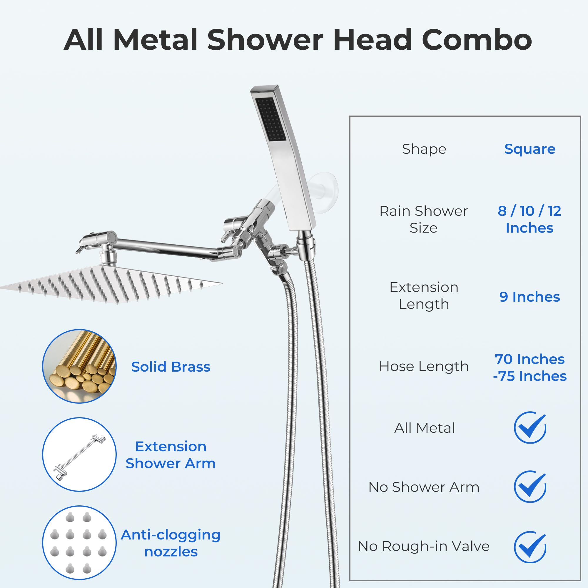 Cuzobro All Metal Dual Square Shower Head With Handheld Spray, 8'' Shower Head Combo Set With 3-Way Diverter, High Pressure Rainfall Shower Head With Extension Arm, 71ββ Extra Long Hose(Chrome)