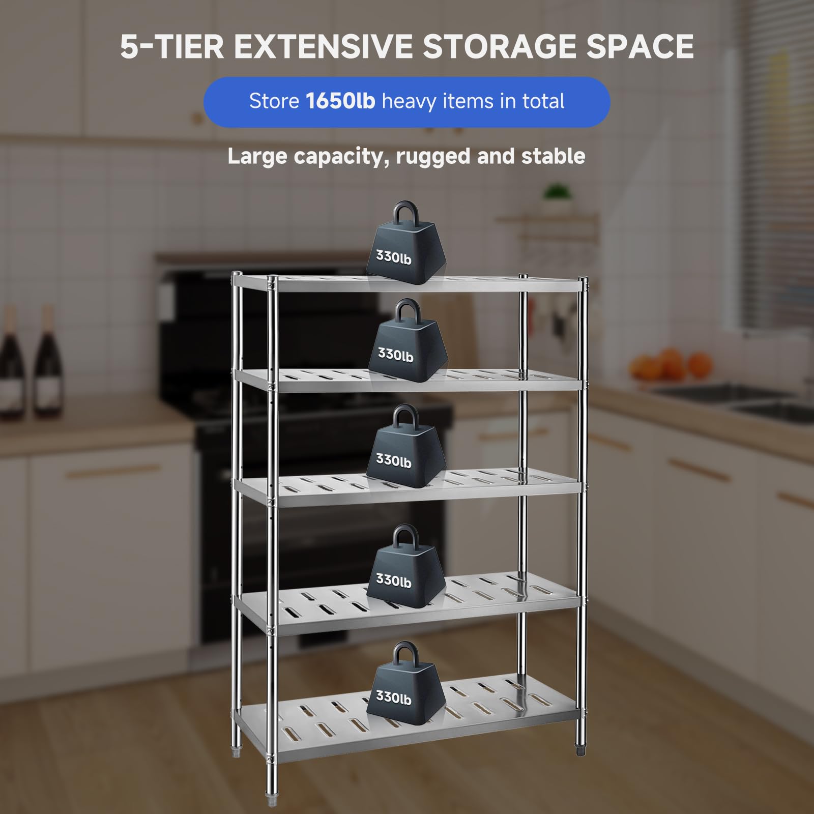 Garvee Stainless Steel Shelves,60x18x72 in Storage Shelf 5-Tier Heavy Duty Adjustable Shelf Unit with Adjustable Height and Vent Holes for Kitchen Garage Office Restaurant,330lb Per Shelf