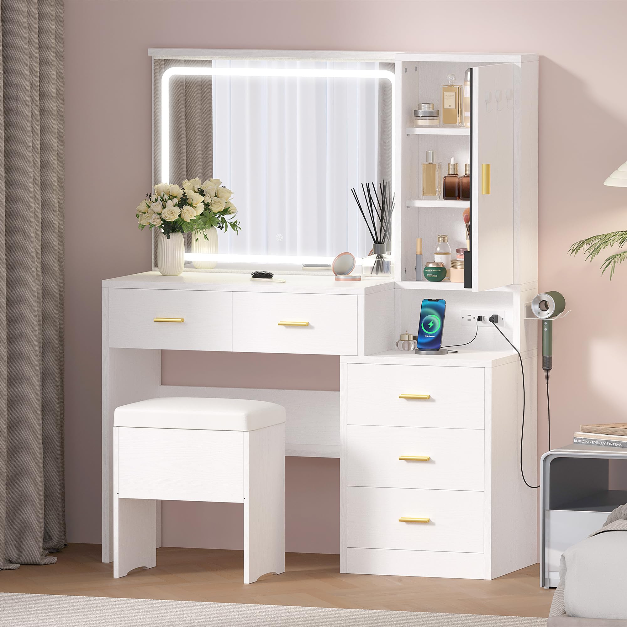 IRONCK Vanity Desk with LED Lights Mirror and Charging Station, Makeup Vanity Table with Storage Cabinet, Storage Bench, and Drawers for Bedroom, White