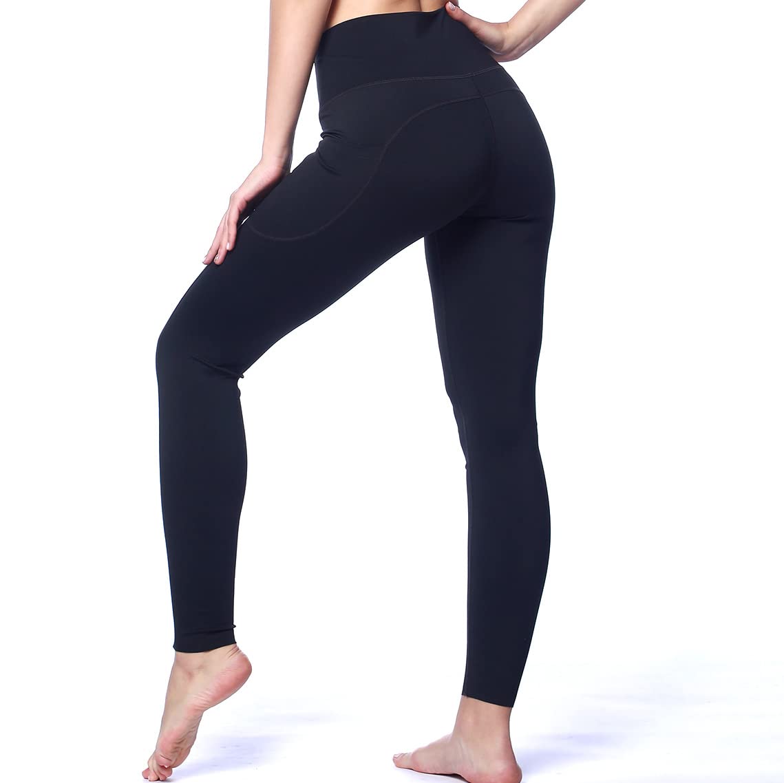 EHKAH Women's Yoga Pants Soft High Waisted Workout 7/8 Length Leggings with Pockets (Complimentary Armband) Black