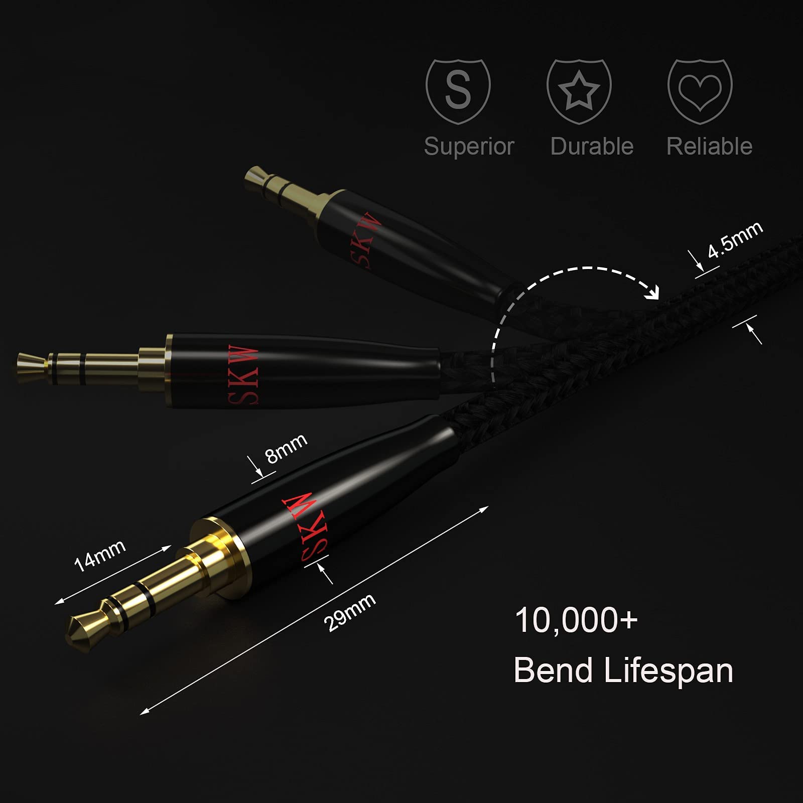 SKW Aux Cable for Car(Hi-Fi Sound),3.5 mm to 3.5 mm Stereo Audio Cable, 1/8″ Jack Cord, Headphone Cable for Home Stereo,iPhone,iPod,IPad,Echo Dot,Sony & More (Right Angle,10ft/3M)