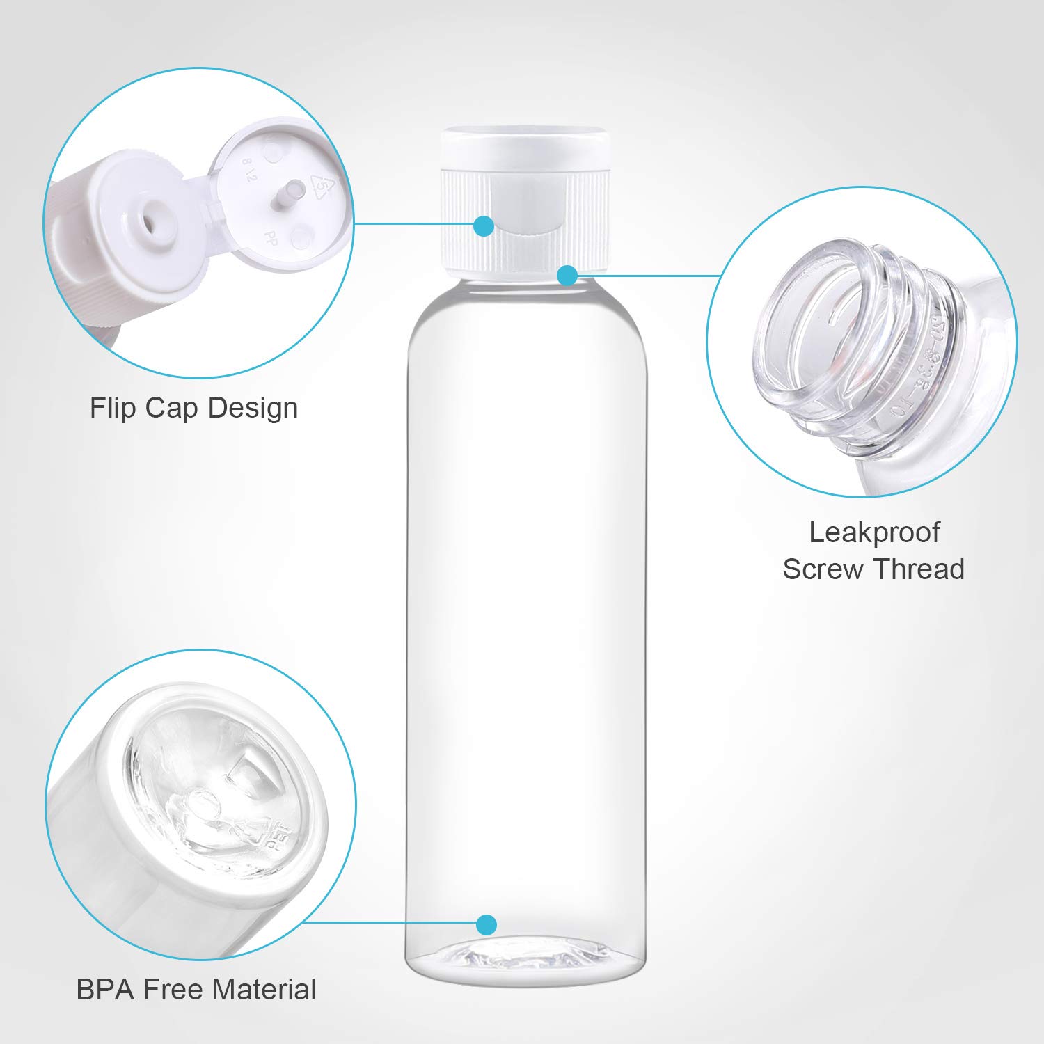 CRTWDMAN 2 Ounce/60ml Plastic Empty Bottles with Flip Cap, Refillable Cosmetic Bottles, Air Flight Travel Bottles for Shampoo, Liquid Body Soap, Toner, Lotion, Cream - Clear - Set of 25
