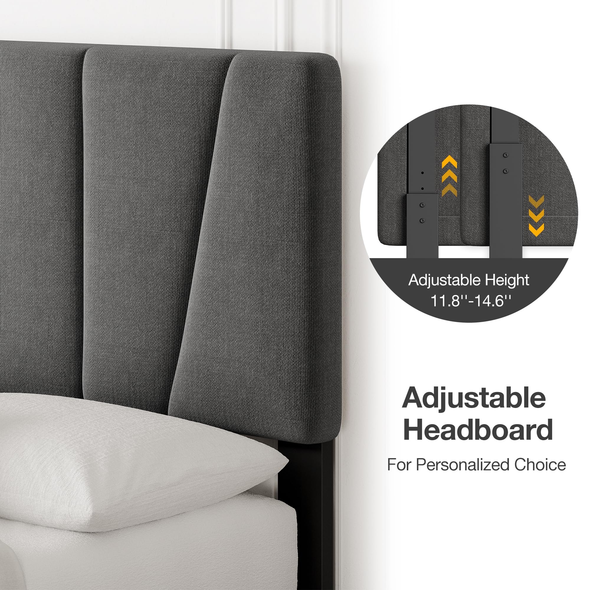 IDEALHOUSE Twin Size Bed Frame with Adjustable Headboard and 2 Storage Drawers, Upholstered Platform Bed Frame with Wooden Slats Support, No Box Spring Needed, Dark Grey