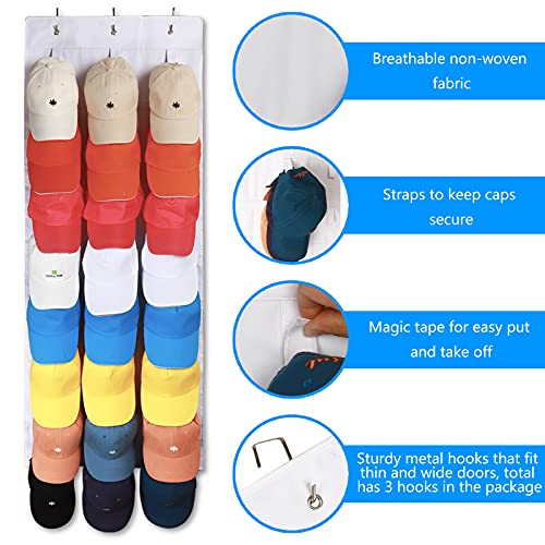 RUIFUU 24 Hat Pocket Over, With Over Door Hooks, Hat Storage for Baseball Caps,Baseball Cap Organizer, Clear Deep Pockets to Protect and Display Your Baseball Cap Collection(White)
