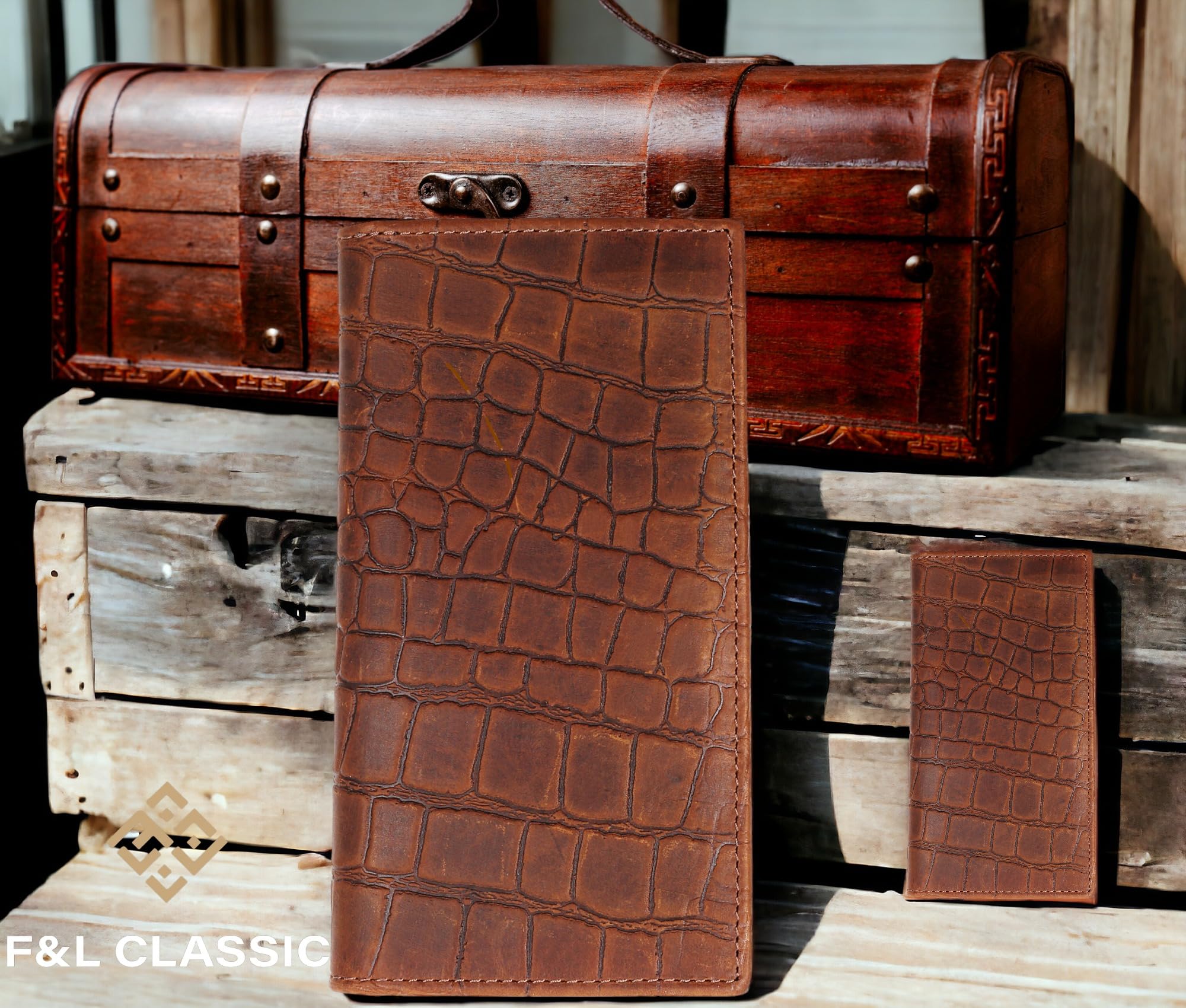 F&L CLASSIC Men's RFID Vintage Look Genuine Leather Long Bifold Wallet Checkbook Wallets,buffalo vintage leather,240 light brown