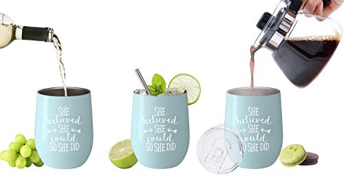 Fancyfams She Believed She Could So She Did - Congratulations Gifts - Graduation Gifts for Her - 12 oz Stainless Steel Wine Tumbler (Blue)