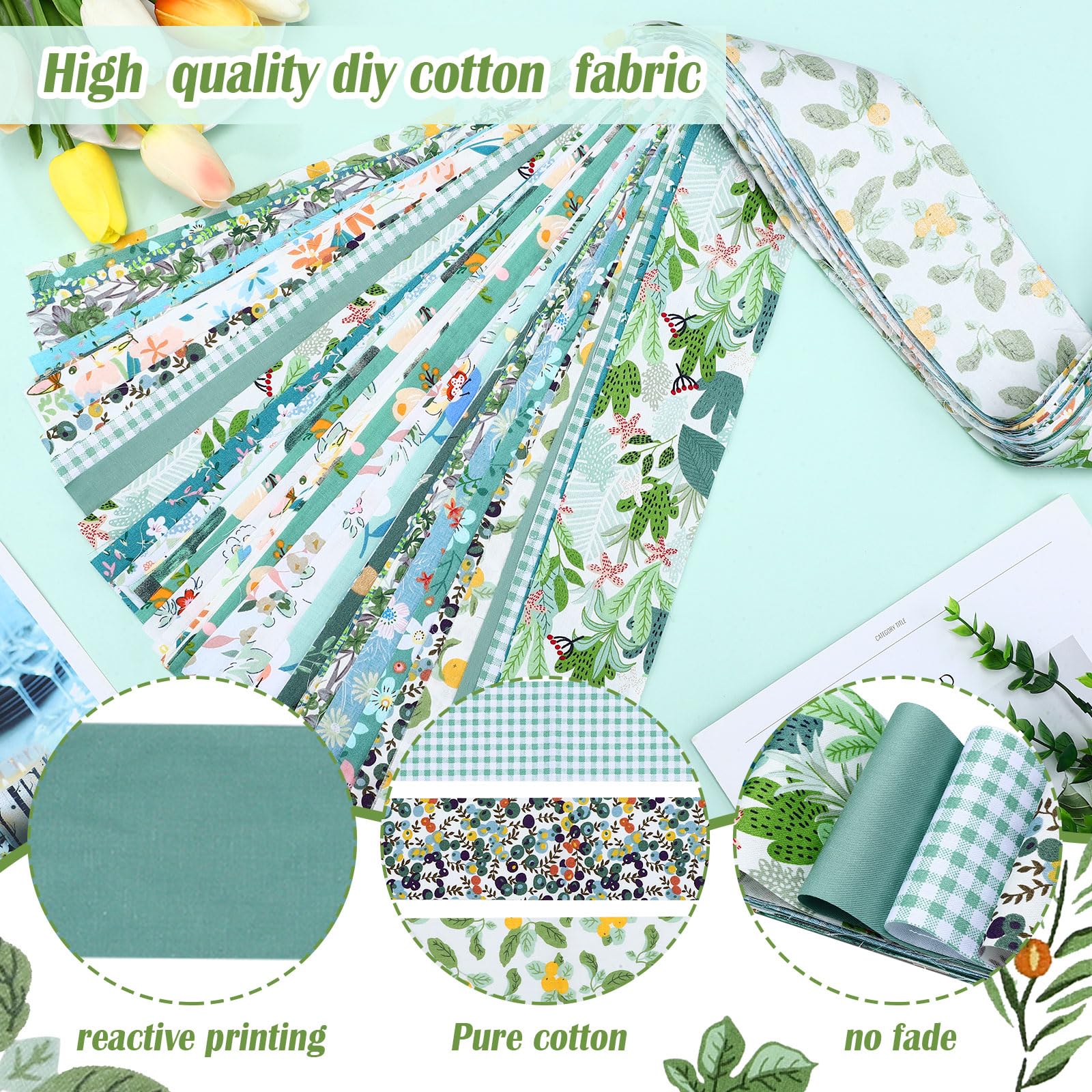 Kingdder 70 Pcs Floral Cotton Fabric Patchwork Roll 2.55 x 39.4 Inch Cotton Quilting Fabric Roll up Cotton Fabric Quilting Strips Precut Patchwork Roll for Craft Sewing DIY Crafts(Green Flower)