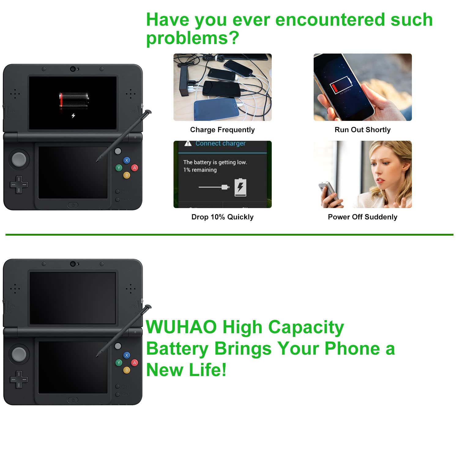 WUHAO for New Nintendo 3DS N3DS Replacement Battery KTR-003 Battery with Adhesive Tape Tool Repair Kit
