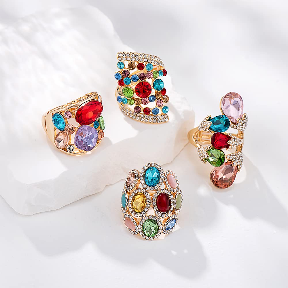 Ecesha 4 PCS/Set Gold Crystal Adjustable Statement Cocktail Rings Set Colorful Rhinestone Irregular Geometric Stretch Rings for Women