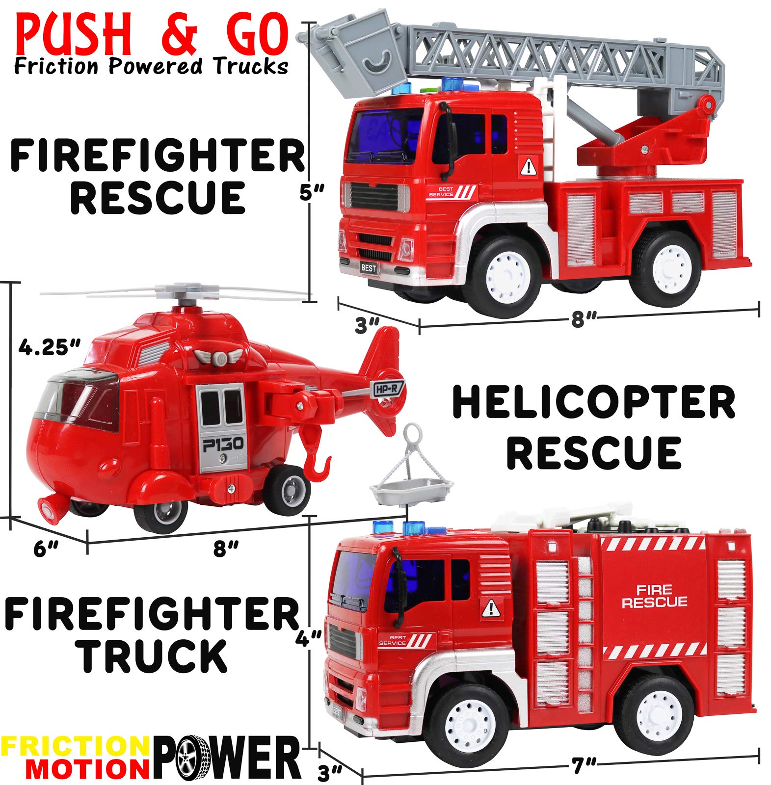 TeganPlay Fire Truck 3 Pack Friction Powered Fire Rescue Vehicle Car Set with Lights and Sounds Including Helicopter, Firefighter and Fire Engine Toys for Boys Toddlers