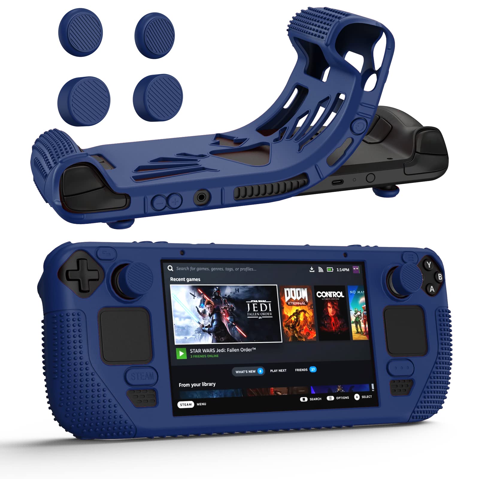 FREEOL Protective Case for Steam Deck, Thickened Silicone Cover with 4 Rocker Caps, Features Thick Silicone Full Protection, Shock Absorption and Scratch Resistant Design, Can Stand - Blue