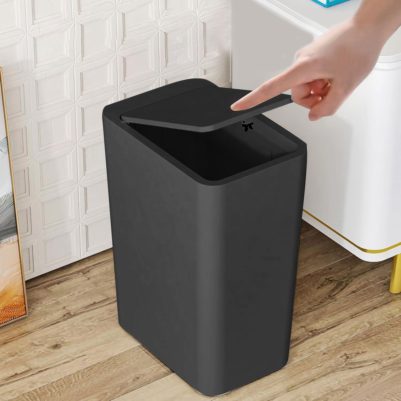 HEALT 4 Gallon Min Trash Can with Press Top, 15 Liters Slim Plastic Garbage Can with Press Lid, Dorm Room Small Trash Bin, Min Waste Basket for Bathroom, Office, Bedroom, Kitchen, Living Room (Pink)