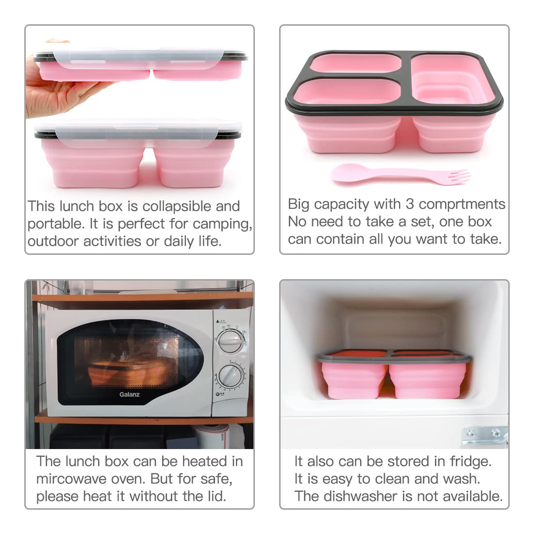 fancyfree Collapsible Silicone Benton Container, Leakproof Lunch Box with 3 Compartments, BPA Free Safe Food Storage Organizer (Pink)
