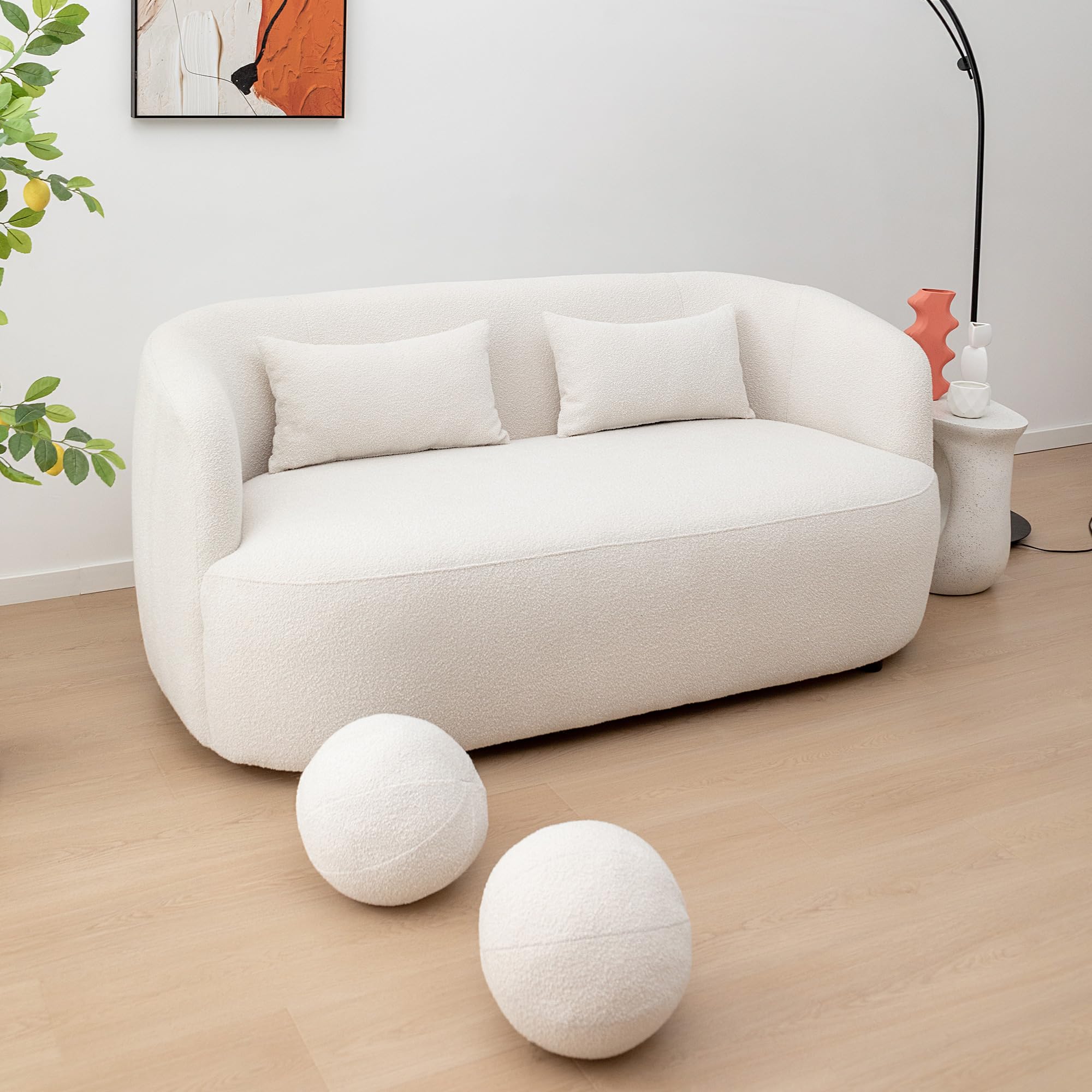 KINWELL 85-Inches Boucle Upholstered Sofa, 3 Deeper Seat loveseat Sherpa Couch with 5 Toss Pillows for Living Room, Beige