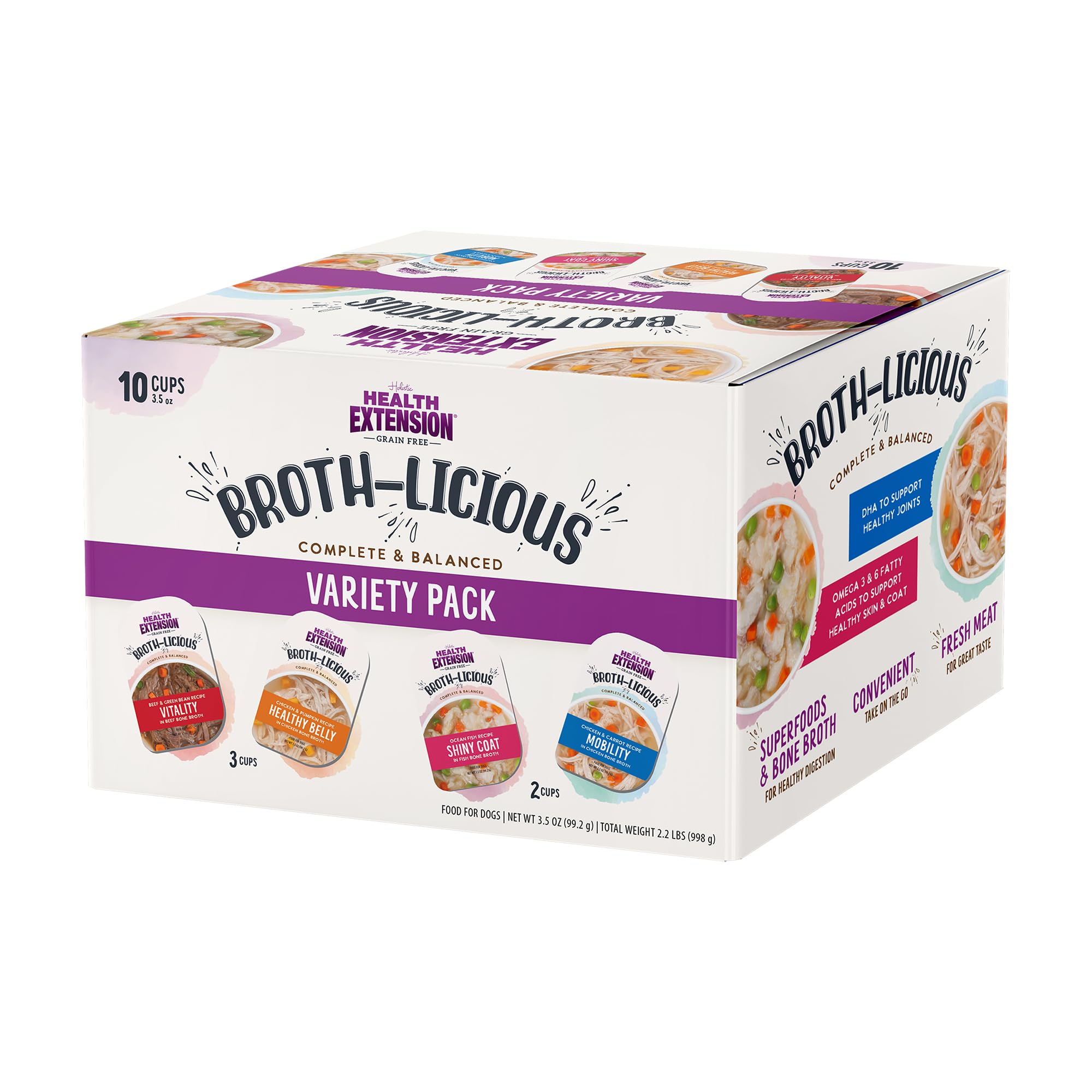 Health Extension Broth-Licious Variety Pack for Dogs, 3.5 oz Cups β Grain-Free, Ready-to-Serve, Supports Vitality, Digestion, Mobility & Shiny Coat (10-Cup Box)