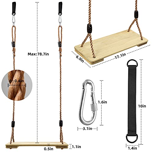 PELLOR Wooden Tree Swing for Kids - Anticorrosive Hanging Swing Seat 17.1 x6.8 x1.1, Adjustable PE Rope Kids Swing for Backyard Patio Garden Playground,220lbs