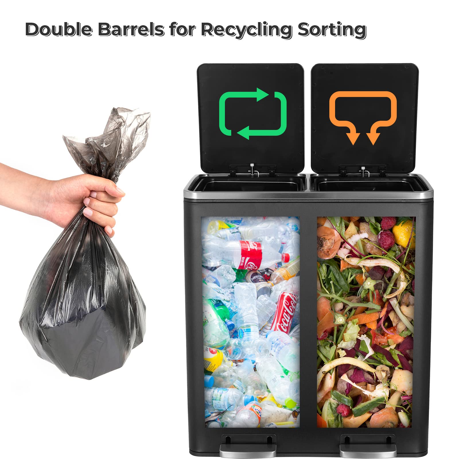 Clevich Metal 16 Gallon/60-Liter Trash Can, Double Compartment Classified Step Trash Can with Lid, includes 2 x 8 Gallon (60L) Removable Buckets, Airtight Rubbish Bin for Kitchen (Black)