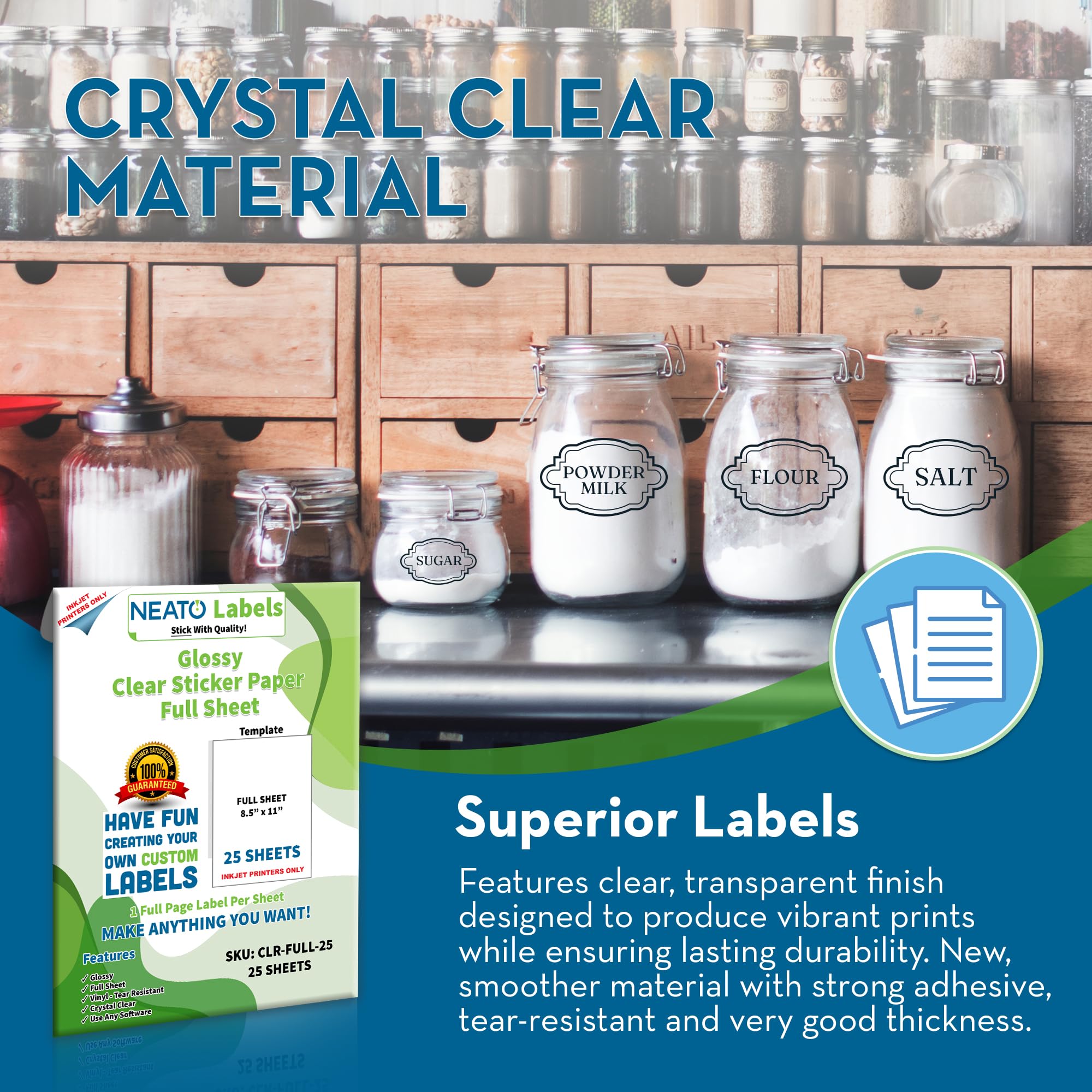 Clear Transparent Sticker Paper 25 Sheets - Glossy Full Sheet Vinyl Labels for Inkjet Printers (8.5β x 11β) - Tear-Resistant, Strong Adhesive, Weather Resistant - DIY & Craft Projects Labels