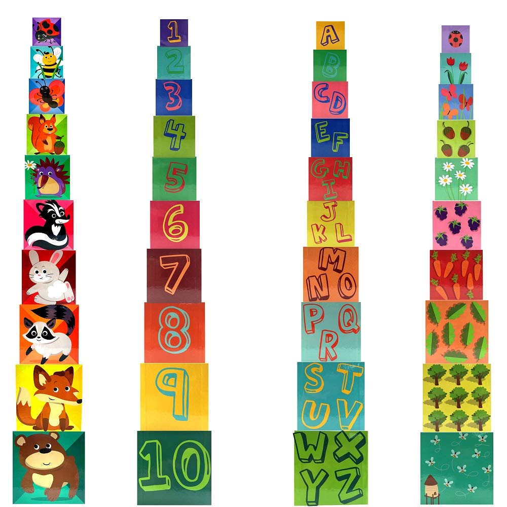 CRUISTORE Cardboard Nesting and Stacking Blocks Set | 10 Pcs of Blocks with Animal、Plant、Numbers、Letters | Development Stacking Games for Kids Toddlers