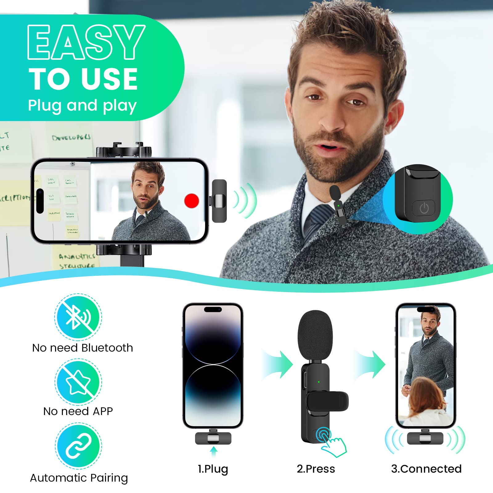 EJCC Wireless Microphone for iPhone iPad, Mini Microphone with Clearer Audio, Plug-Play Wireless Microphones, Wireless Lavalier Microphone, Microphone for Video Recording, TikTok, Interview,YouTube