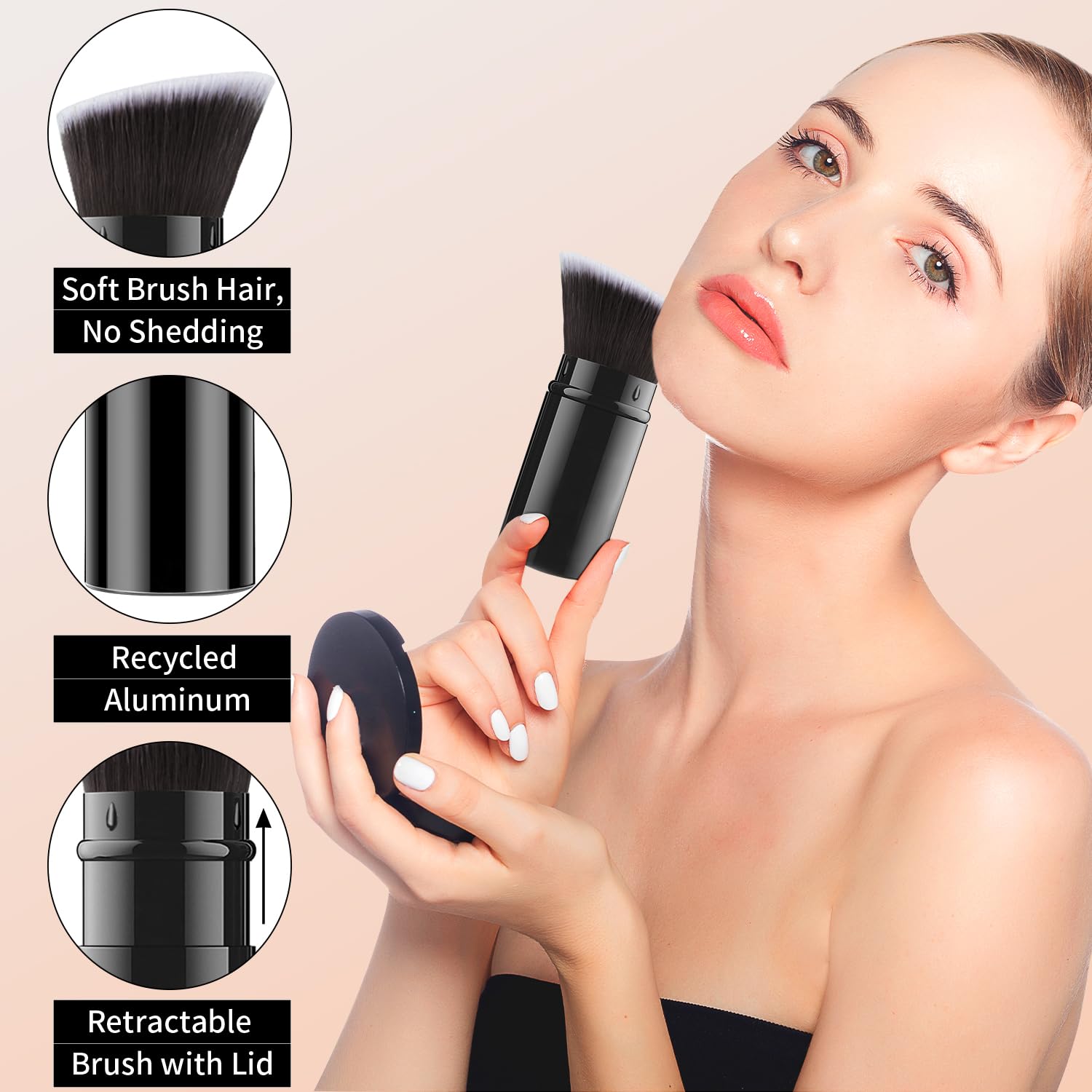 Falliny Retractable Makeup Brush, Travel Angled Kabuki Powder Brush Portable Face Liquid Foundation Sunscreen Brush with Cover for Blending Liquid, Cream or Flawless Powder Cosmetics