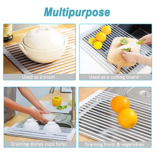 ZOIMINU Dish Drainer, White Roll Up Dish Drying Rack, Over Sink Drying Rack with Silicone-Coated, Heat-Resistant Anti-Slip Dry Rack for Dishes Cups Fruits Vegetables - 17" x 13.1"