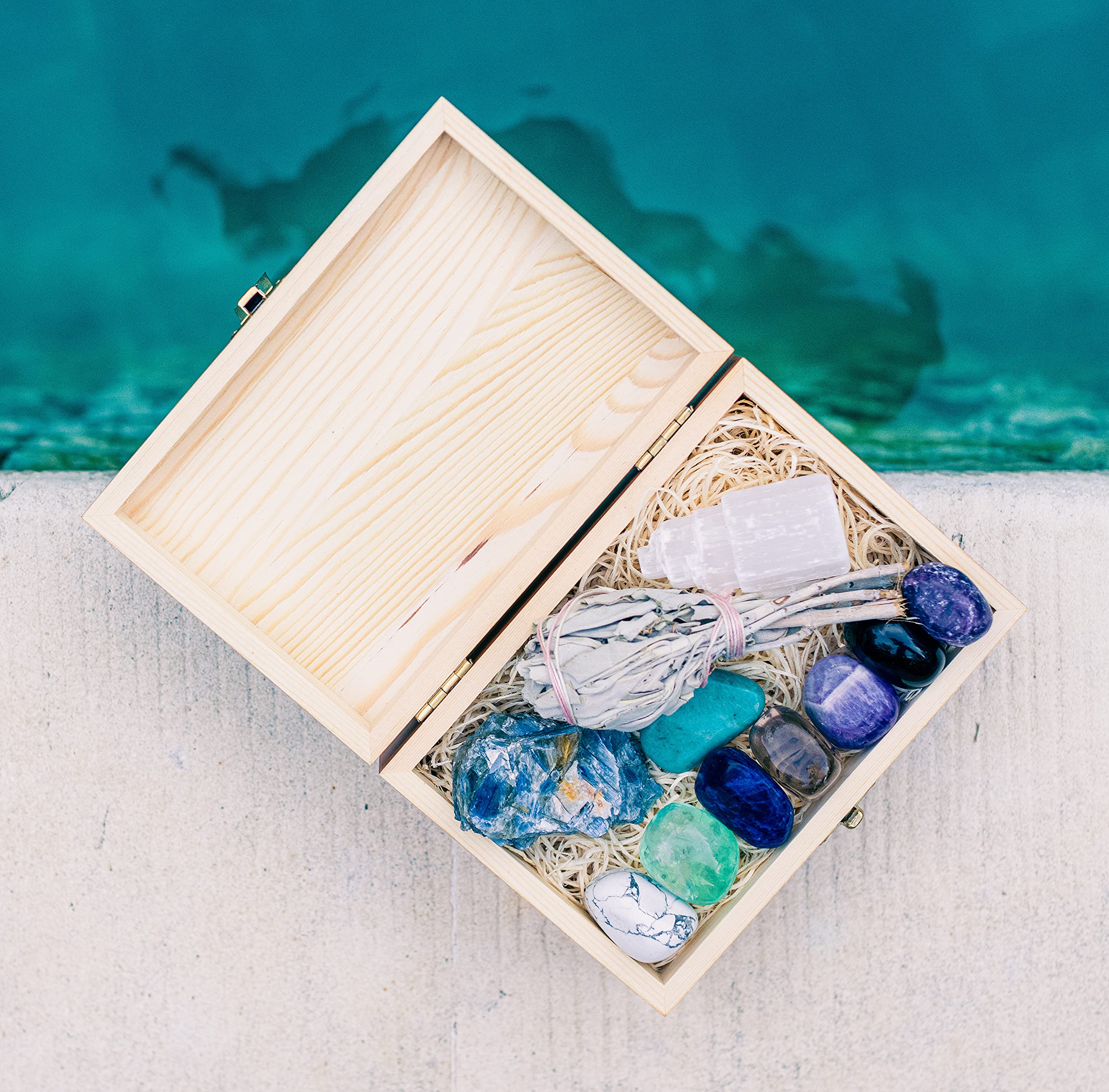 CRYSTALYA Calming Large Sleep Crystals and Healing Stones in Wooden Gift Box + 50pg EBOOK, Stress and Anxiety Relief - Amethyst, Lepidolite, Fluorite, Smoky Quartz, Selenite, Sage, and Info Guide