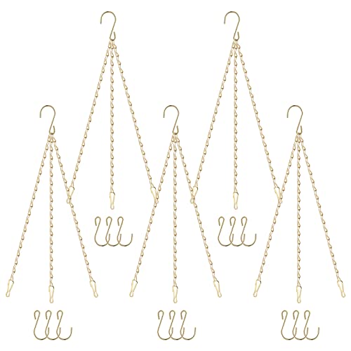 RIFNY 5 Sets Gold Hanging Basket Chain, 20 Inch Heavy Duty Brass Decorative Chains for Hanging Plants, Indoor Outdoor Replacement Hanging Chain with Hooks for Planters Flower Pots Lantern Bird Feeder