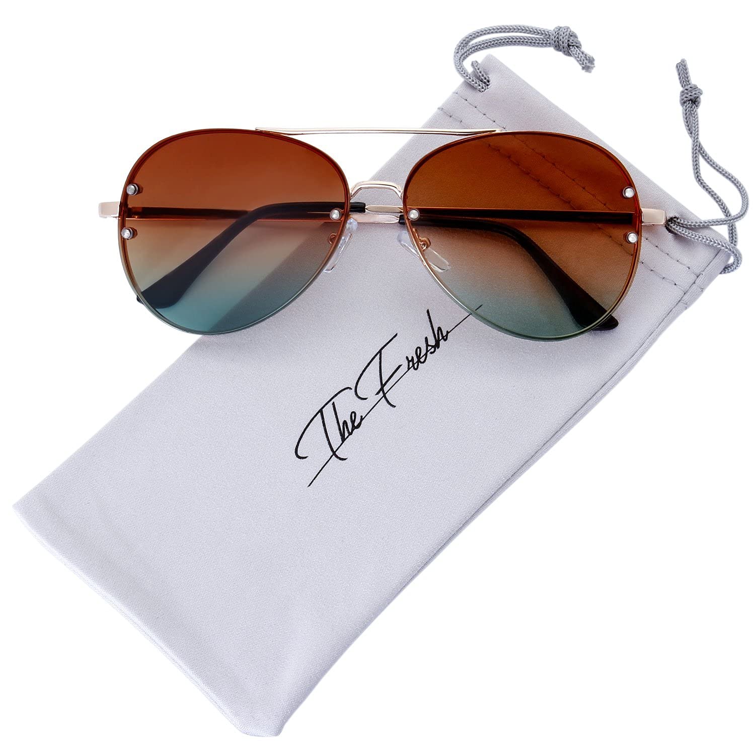 The Fresh Oversize Rimless Double Crossbar Ocean Color Lens Aviator Sunglasses 61mm Gift Box (5-Gold, Brown/Green)