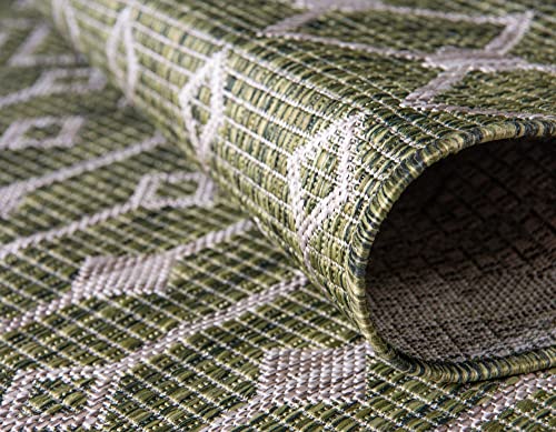 Unique Loom Outdoor Trellis Collection Area Rug - Tribal Trellis (2' x 8' Runner, Green/ Natural)