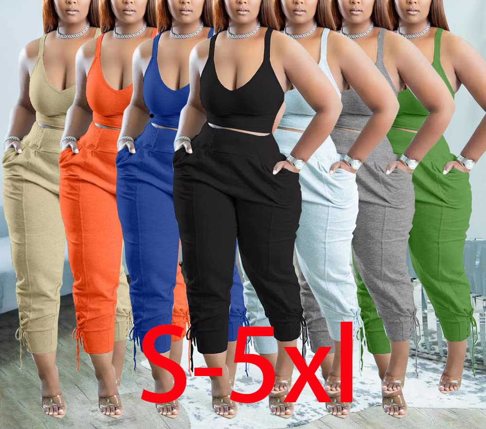 Ekaliy Women's Casual Two Piece Outfit Low Cut V Neck Top and Long Pants Tracksuit Joggers Sets