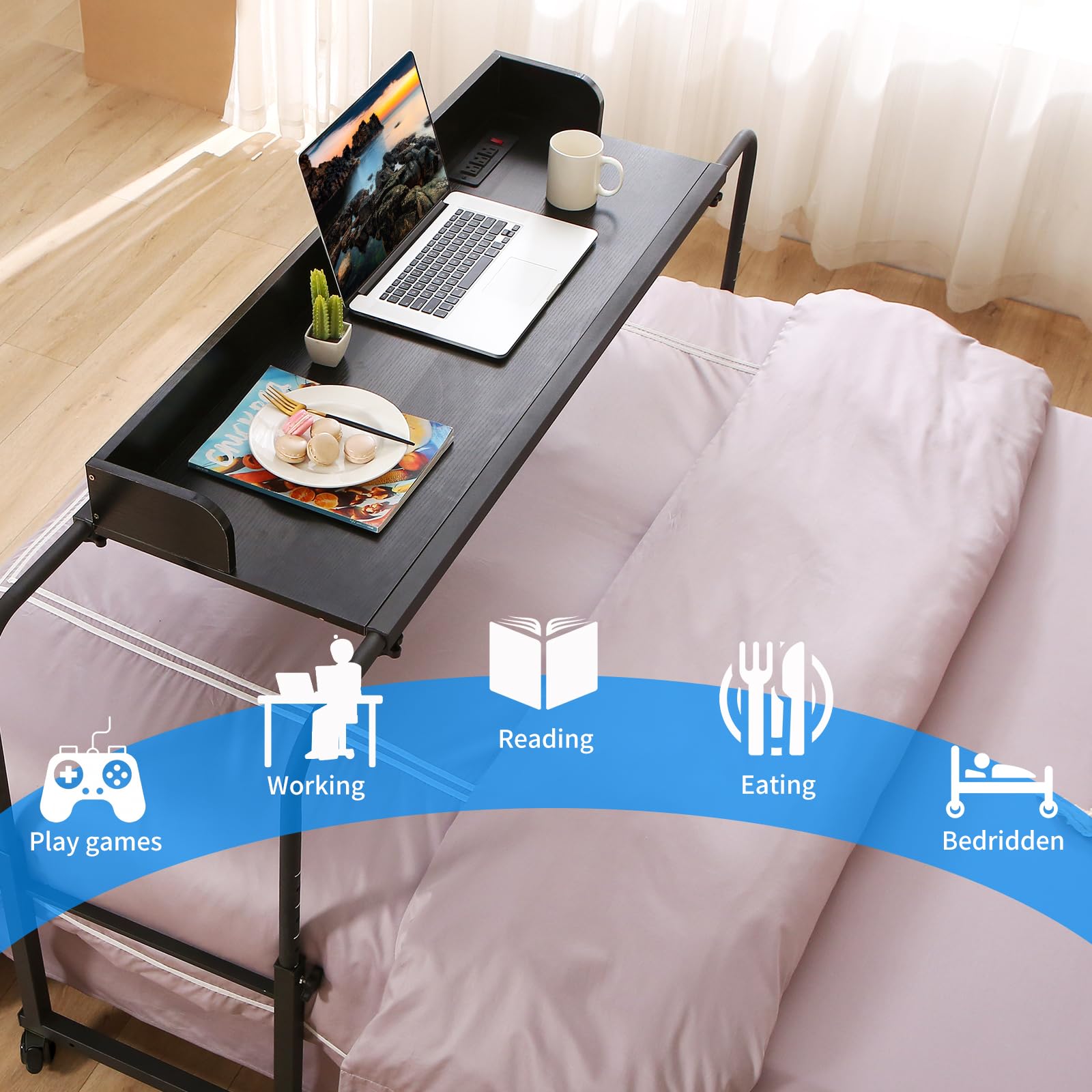 NOVII Overbed Table with Power Outlet,Wheels,Adjustable Height,Mobile Queen Size Bed Table Suitable for Home Office(Black)