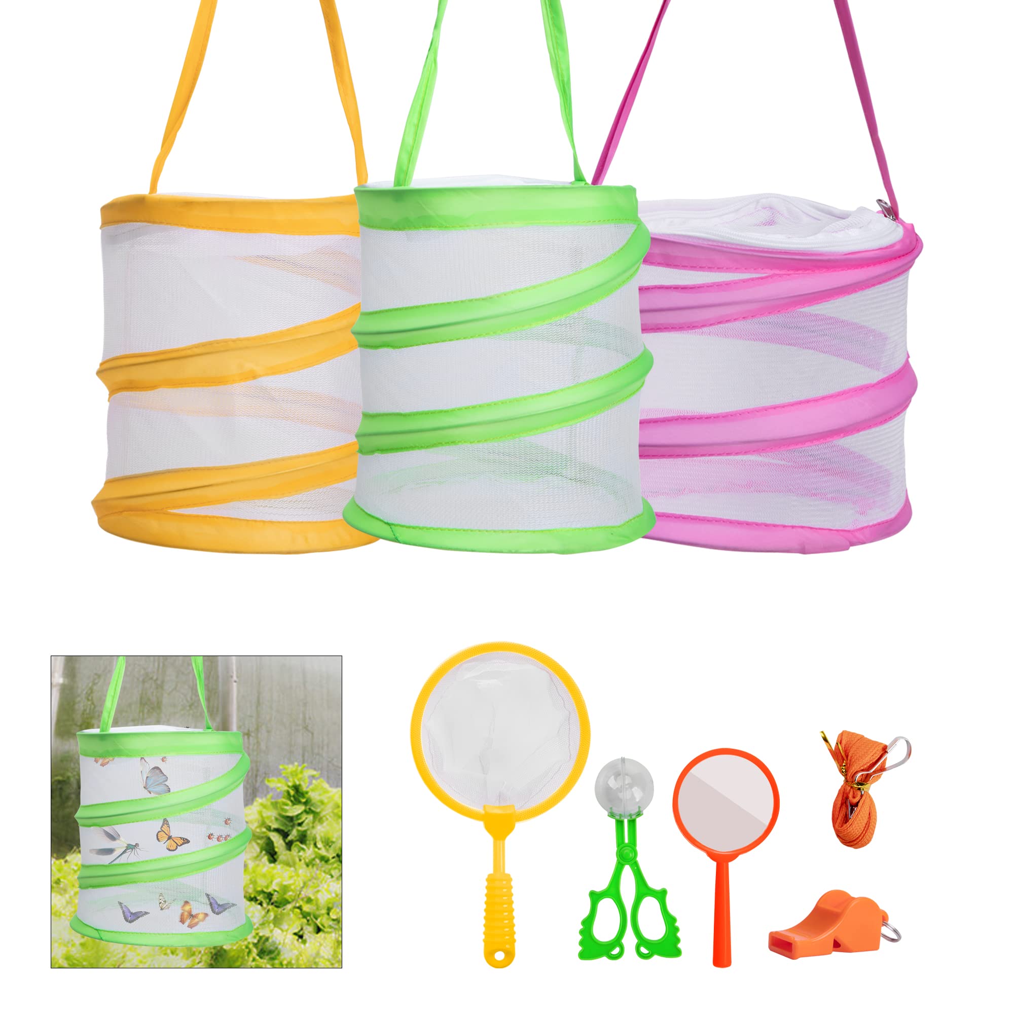 codree 3 Pack Mini Butterfly Habitat Cage, Kids Explorer Bug Catcher Set，6.1"x 6.7" Pop-Up Insect Clear Mesh Enclosure for Nature Observation