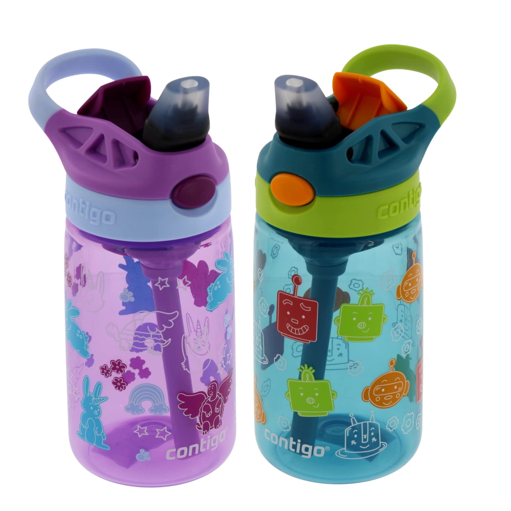 Contigo 14 oz Kids Plastic Water Bottle with Straw Lid, 2 Pack - Purple Bunnicorns and Blue Friendly Bots