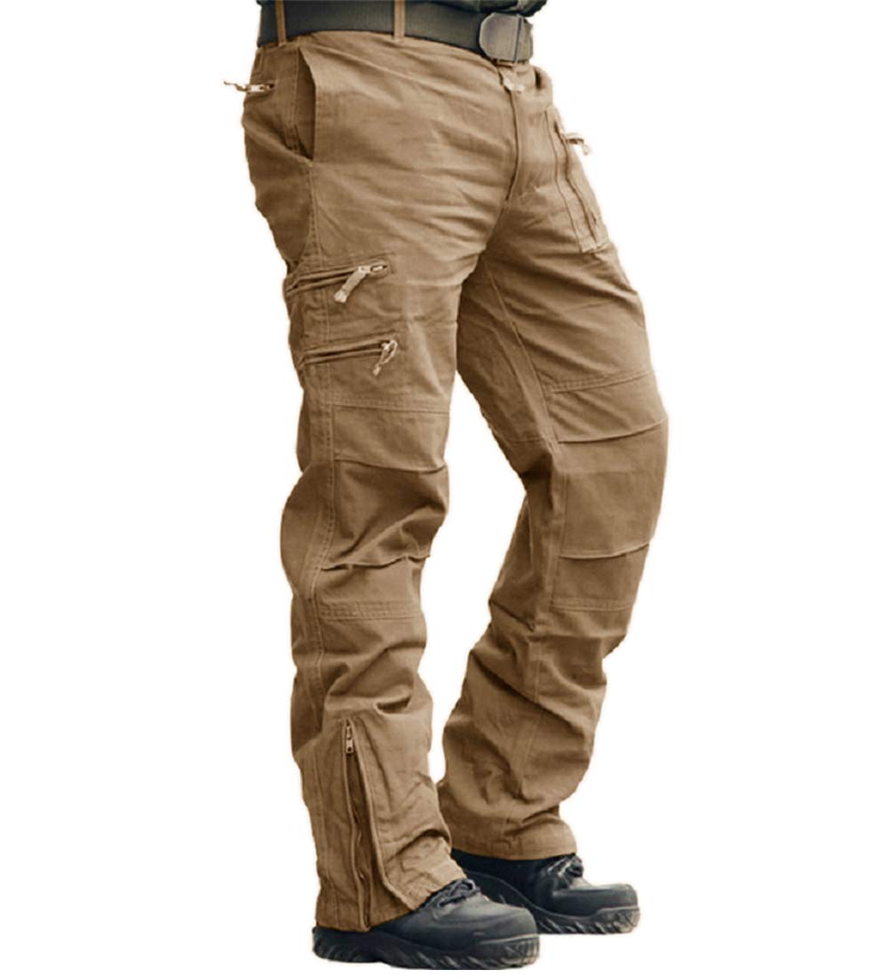 CRYSULLY Men's Winter Cotton Casual Sport Hiking Army Cargo Wild Combat Multi Pockets Work Trousers Wolf Brown