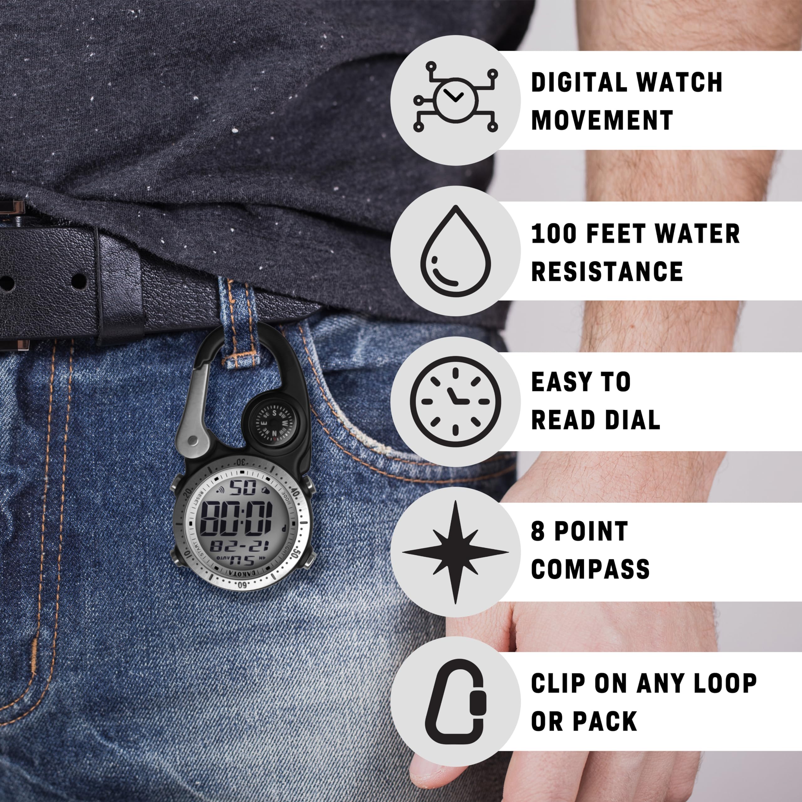 Dakota Digital Backpacker Clip Watch, Alarm, Stopwatch, Timer and Dual Time, Outdoor Gifts for Men and Women, Tactical Digital Watch