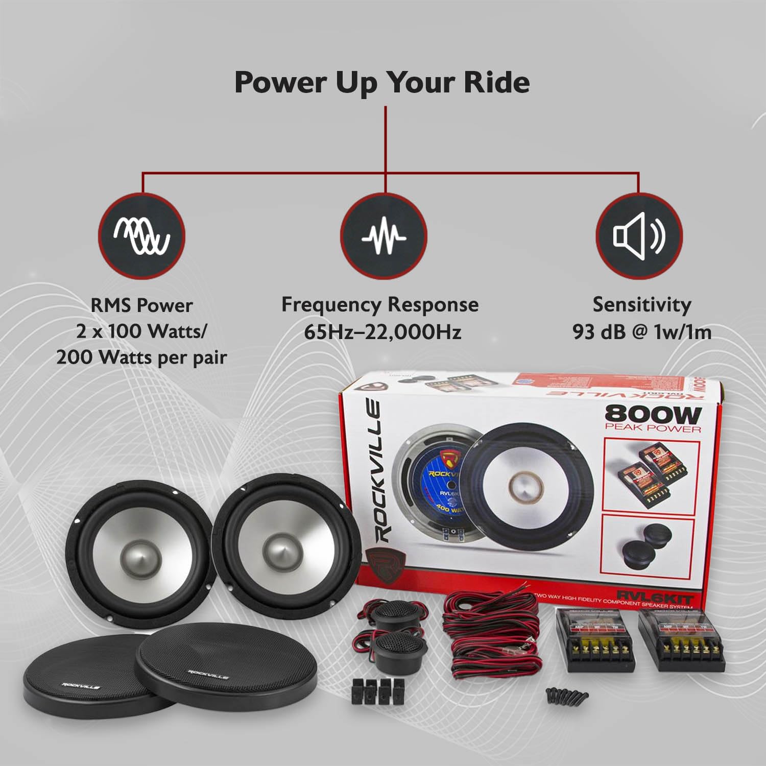 Rockville RVL6KIT 6.5" Component Car Speakers, 800W Peak/200W RMS, 4 Ohm, Aluminum Cone, 1" Silk Dome Tweeters, Perfect for High-Fidelity Car Audio