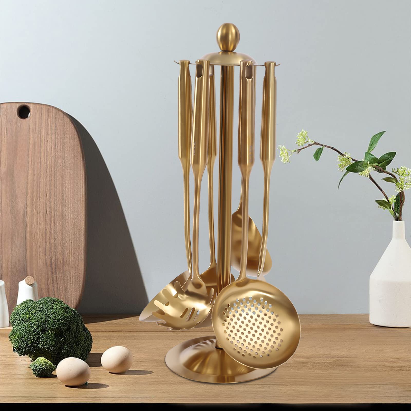 CNCEST 7Pcs Gold Kitchen Cooking Utensil Set With Utensil Stand,Soup Ladle Work Spatula,Suitable For Home, Hotel, and Restaurant