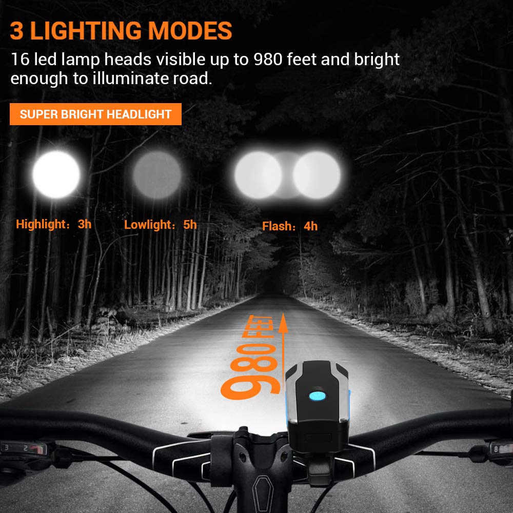CS Force Bike Light Set, Anti-Theft Alarm Bicycle Front & Tail Light USB Rechargeable Waterproof Cycling Headlight and Taillight Set with 3 Lighting Modes 5 Sounds Loud Siren, Fits Mountain Road Bike