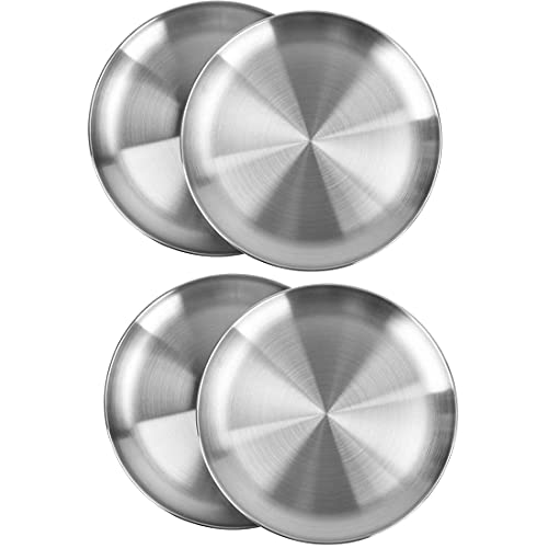 KissAir Reusable Brushed 18/8 Stainless Steel Round 9 Inch Plates Dish Set VintageĀ Eco Friendly Metal 304 Heavy Duty Kitchenware Feeding Dinner Dishes for Serving/Snack/Camping (4 PACK)