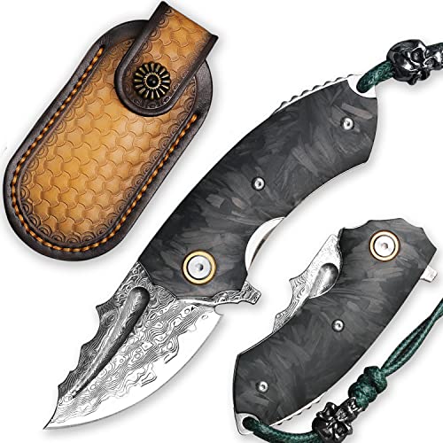 Minowe Handmade Damascus Steel Pocket Knife With leather jacket,2.2 inch blade Carbon Fiber handle,fluorescent effect apply to men and women folding knife,EDC on foot tactics tool Knife