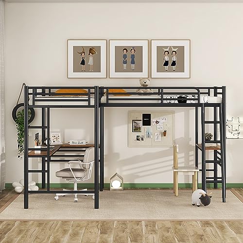 L-Shape Loft Beds with Two Desk Metal Double Twin Loft Beds Frame Heavy-Duty Black Corner Twin Size Lofts Bed for 2 Kids Girls Boys Teens