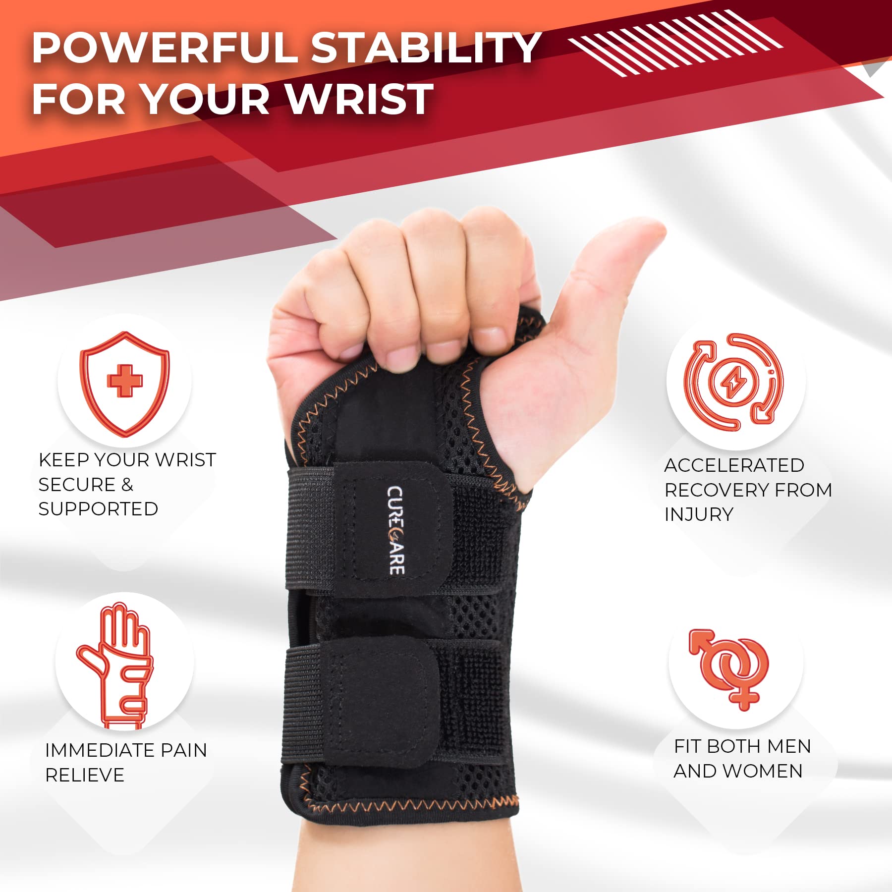 CURECARE Carpal Tunnel Wrist Brace Night Support, Wrist Support with 2 Adjustable Straps, Comfortable Wrist Brace for Tendonitis, Sprained Wrist, Injuries Recovery (Right Hand-Black, L/XL)